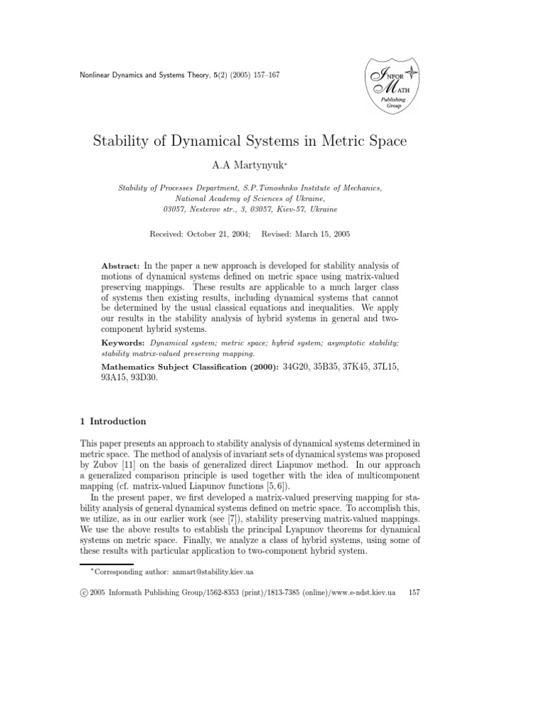 Stability of Dynamical Systems in Metric Space: A.A Martynyuk | PDF ...