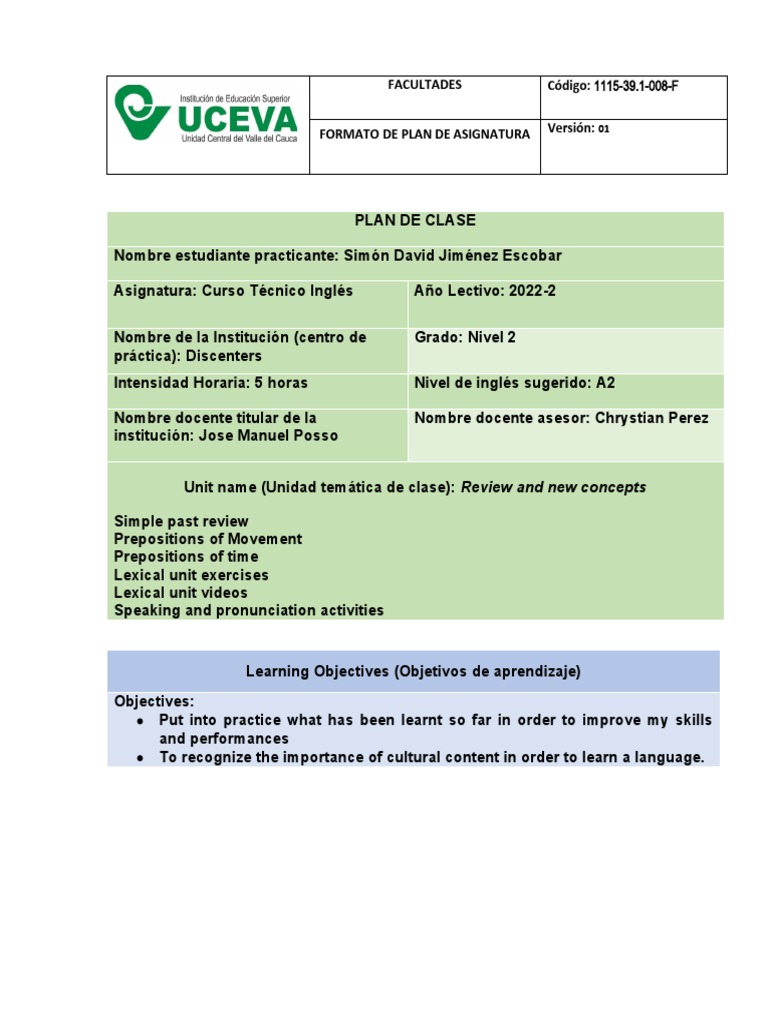 Formato Plan de Clase Cuarta Semana | PDF