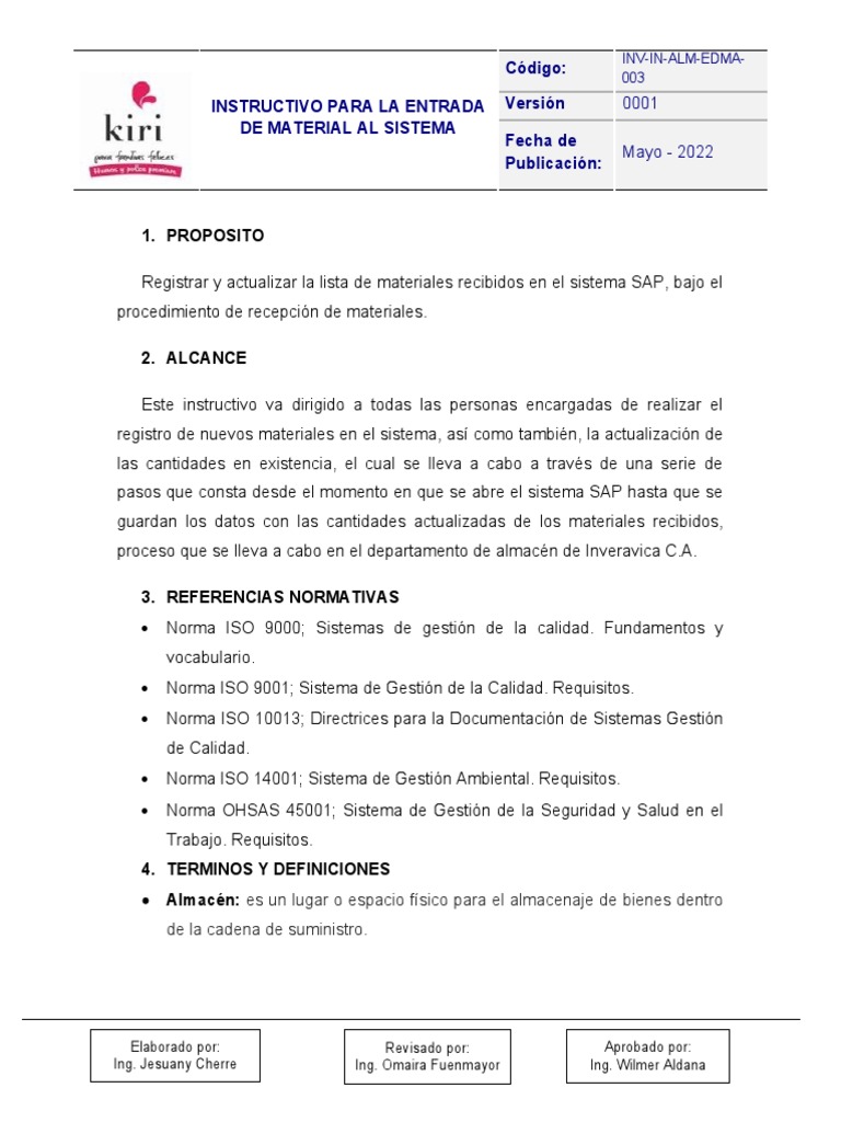 Entrada de Materiales Al Sistema | PDF | Calidad (comercial) | Business