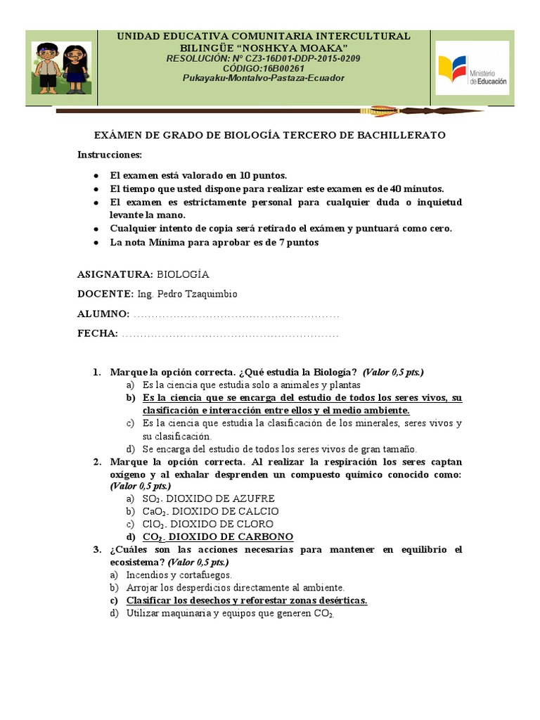 Exámen de Grado Tercero de Bachillerato | PDF | Energía renovable | Ecología
