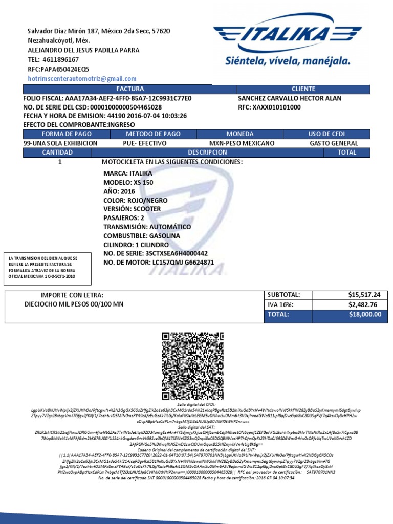 Factura Motocicleta Italika XS 150 | PDF | Tecnologías automotrices ...