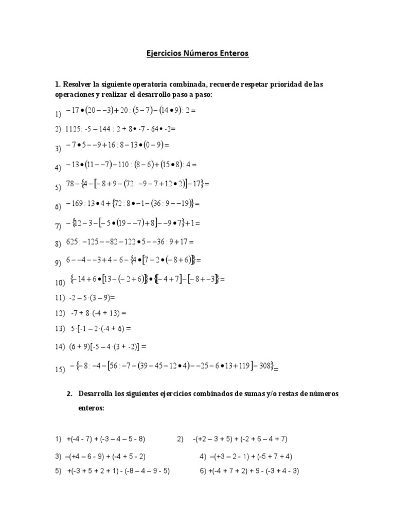 Ejercicios de Números Enteros y Operaciones | PDF