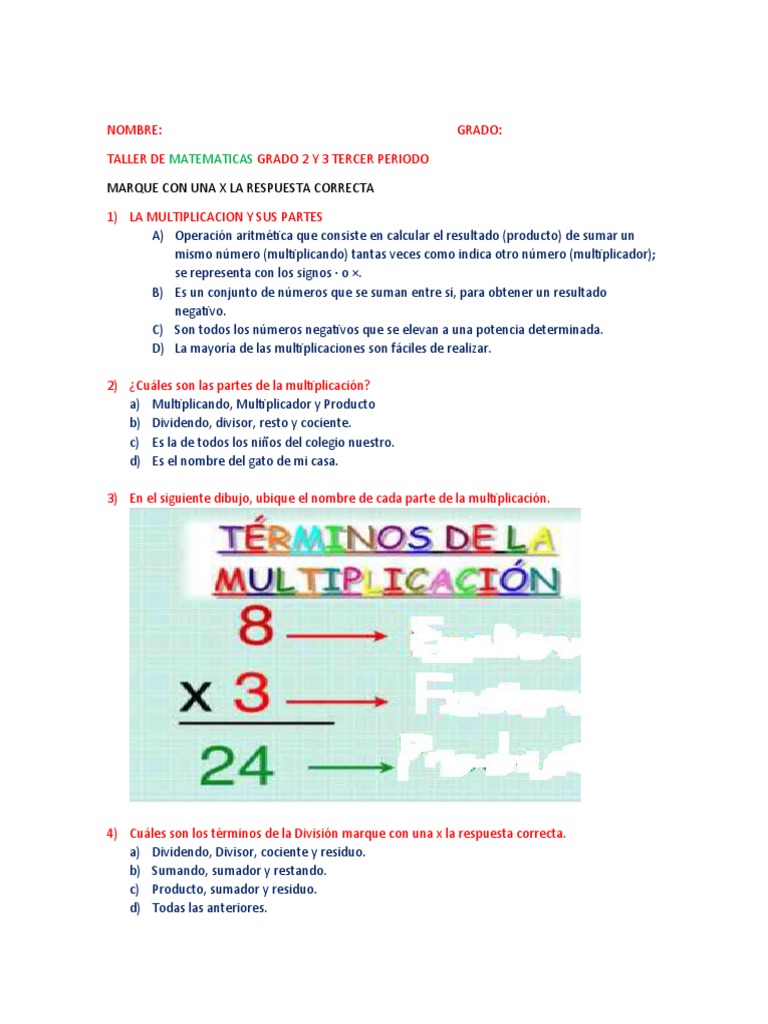 Taller 3 Periodo MATEMATICAS GRADO 2 Y 3 | PDF