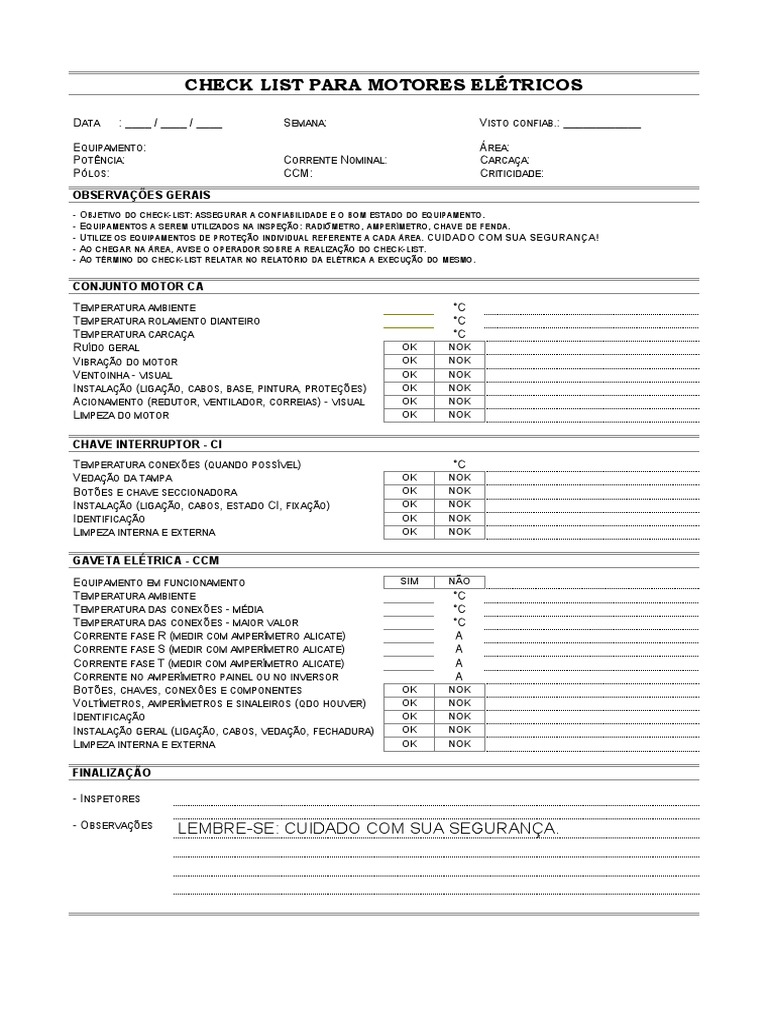 Check List para Motores Elétricos | PDF | Engenharia Mecânica | Bens ...