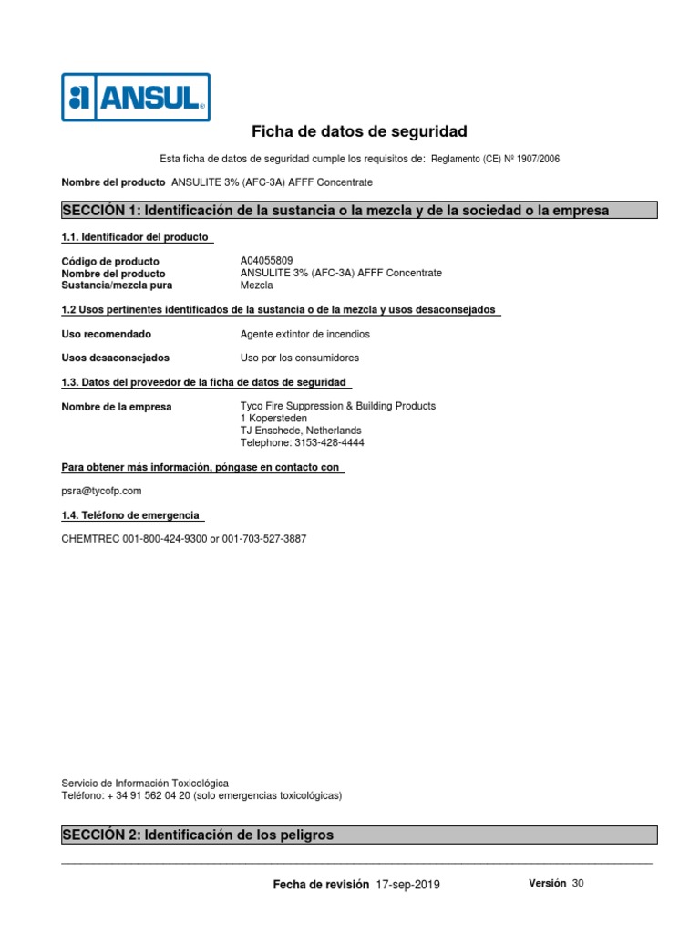 ANSULITE 3% (AFC-3A) AFFF Concentrate MTR EGHS ES | PDF | Química | Ciencias fisicas