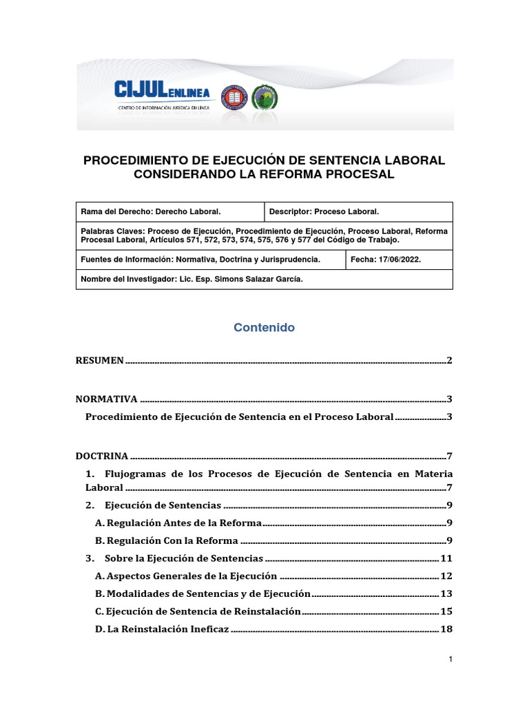 Procedimiento de Ejecución de Sentencia Laboral Considerando La Reforma Procesal | PDF ...