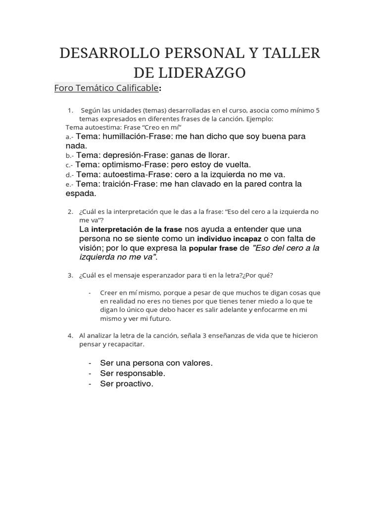 Desarrollo Personal y Taller de Liderazgo | PDF