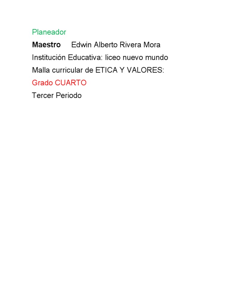 Planeador de Etica Grado Cuarto | PDF