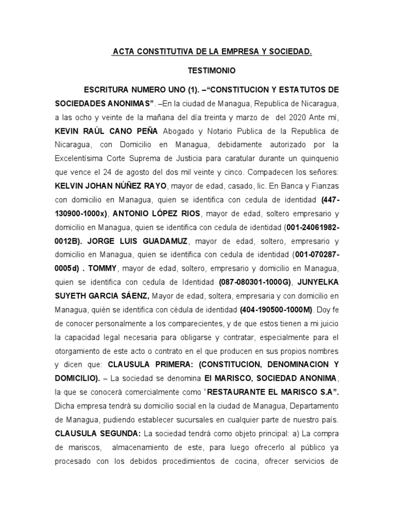 Acta Constitutiva Empresa y Sociedad | PDF | Compartir (Finanzas) | Contabilidad