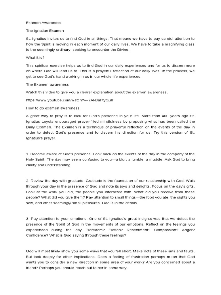 Examen Awareness Notes | PDF | Spiritual Exercises Of Ignatius Of ...