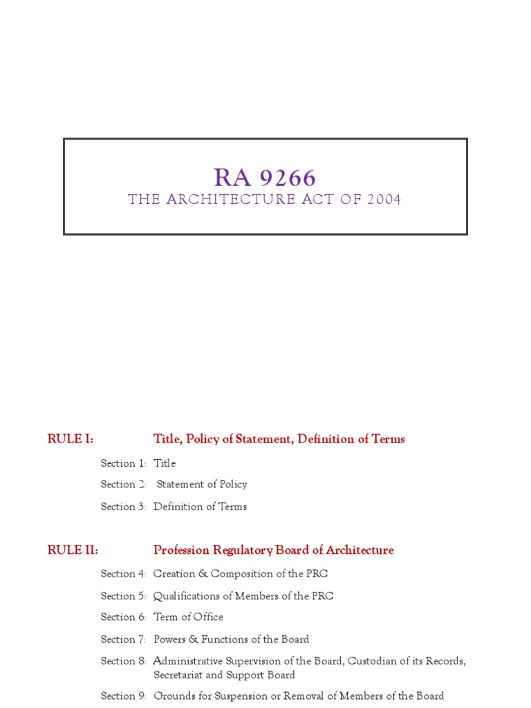 RA 9266 Summary | PDF | Licensure | Architect