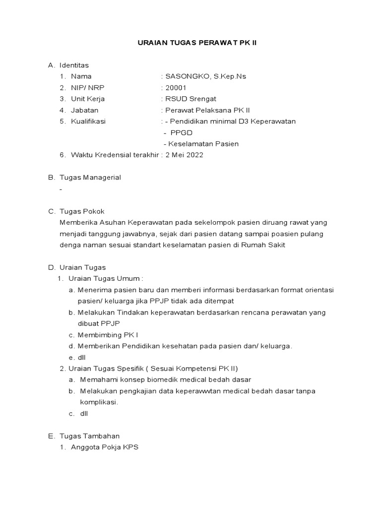 Contoh Uraian Tugas Perawat | PDF
