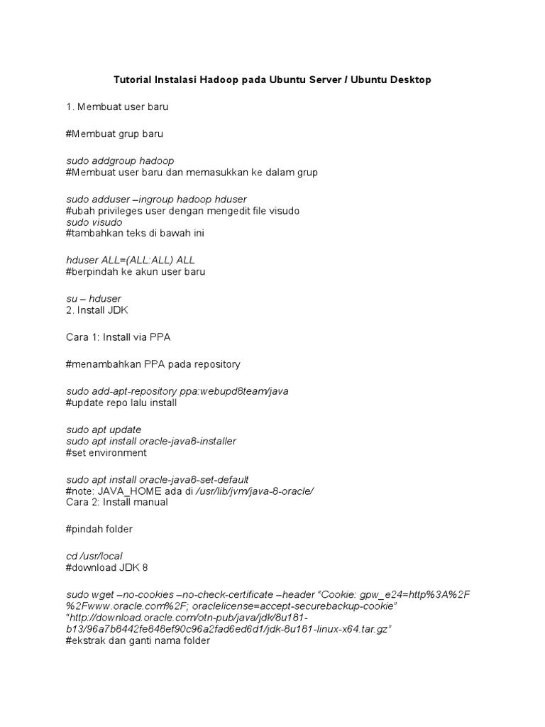 Tutorial Instalasi Hadoop Pada Ubuntu Server Ubuntu Desktop Pdf Sudo Java Bahasa Pemrograman