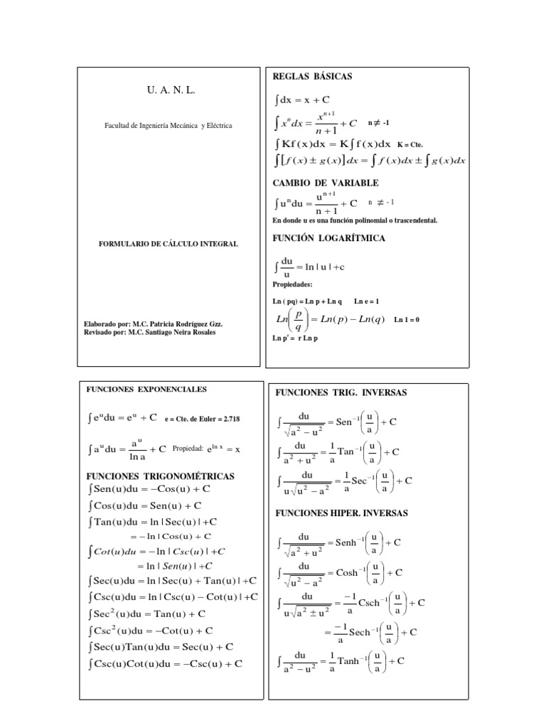 Formulario de Cálculo Integral FIME | PDF | Integral | Combinatoria