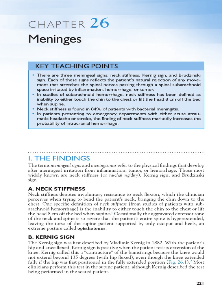 Meningeal Signs: Kernig and Brudzinski | PDF | Meningitis | Anatomical ...