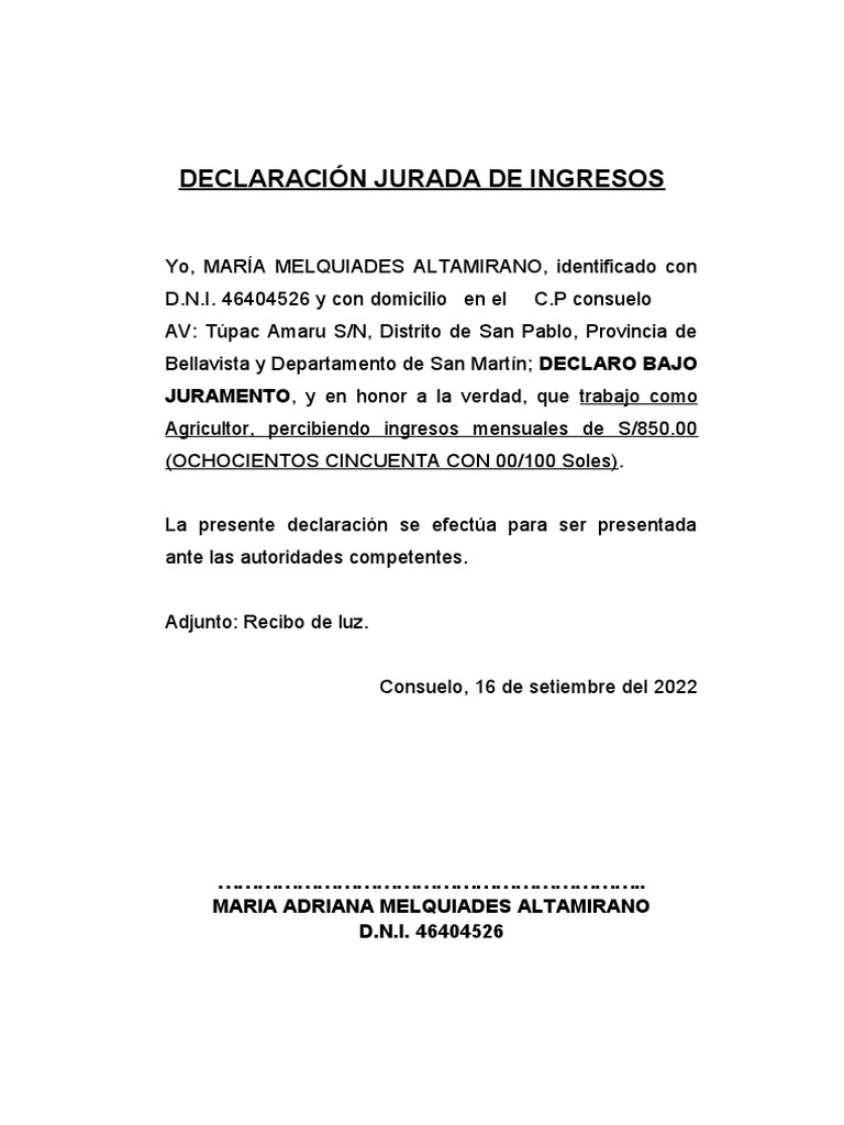 Declaración Jurada de Ingresos | PDF