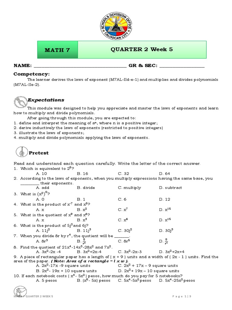 Math 7 QTR 2 Week 5 | PDF | Division (Mathematics) | Polynomial