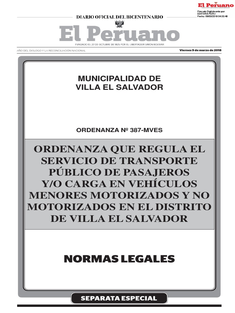 Reglamento Que Regula El Servicio de Transporte Publico de P Ordenanza No 387 Mves 1623597 1 ...