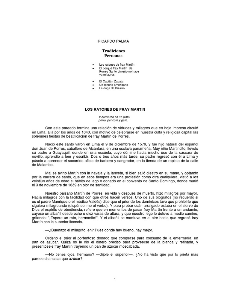 Tradiciones-Peruanas LOS RATONES DE FRAY MARTIN Ricardo-Palma | PDF