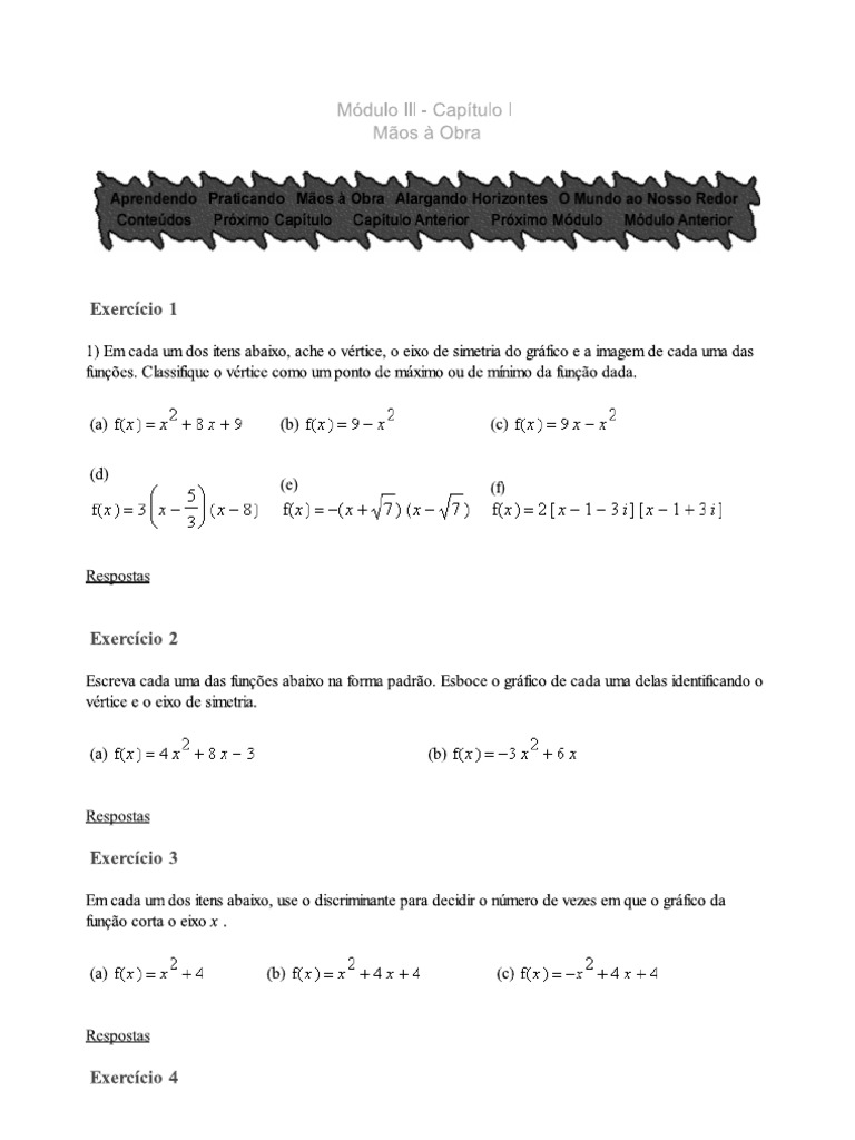 Funções Quadráticas Exercícios Pdf