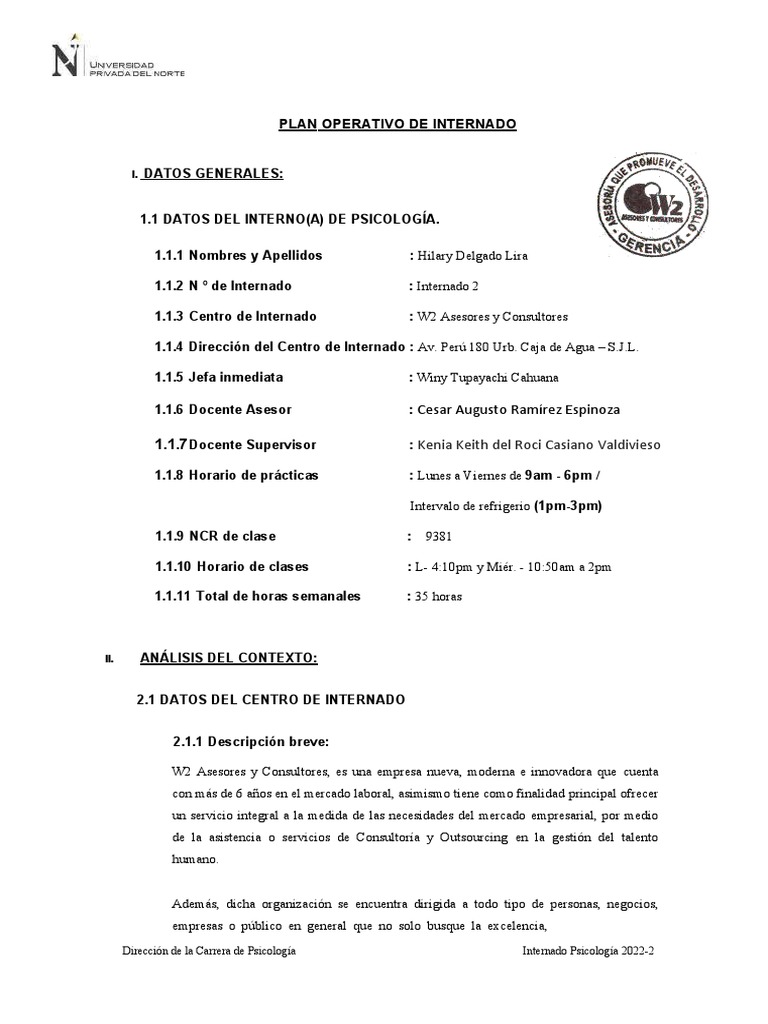 Plan Operativo de Internado 2 Hilary | PDF | Sicología | Calidad (comercial)
