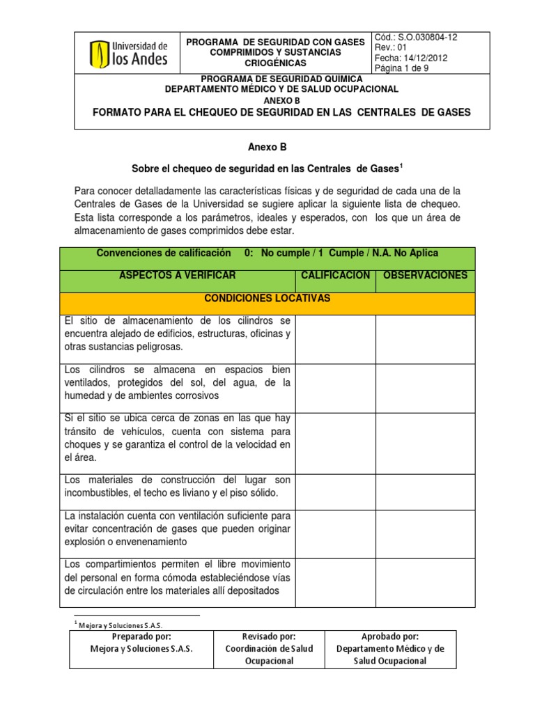 Anexo B Formato de Inspección Centrales de Gases | PDF | Seguridad y salud ocupacional | Gases