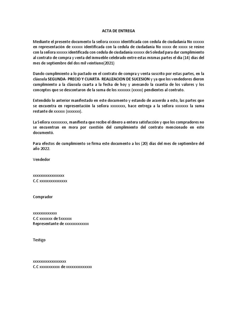 Acta de Entrega Dinero Por Venta de Inmueble | PDF