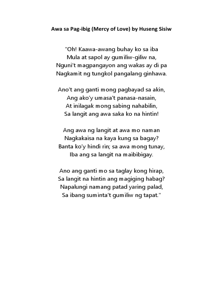 Awa Sa Pag-Ibig (Mercy of Love) by Huseng Sisiw | PDF