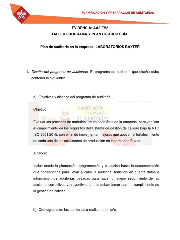Evidencia - Aa2-Ev2 Taller Programa y Plan de Auditoría. Plan de Auditoria en La Empresa ...