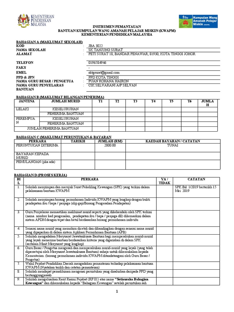Borang Pemantauan KWAPM FINAL | PDF