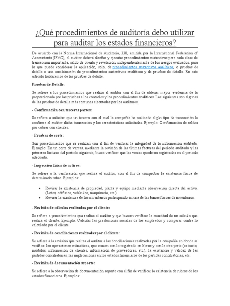 Qué Procedimientos de Auditoría Debo Utilizar para Auditar Los Estados ...