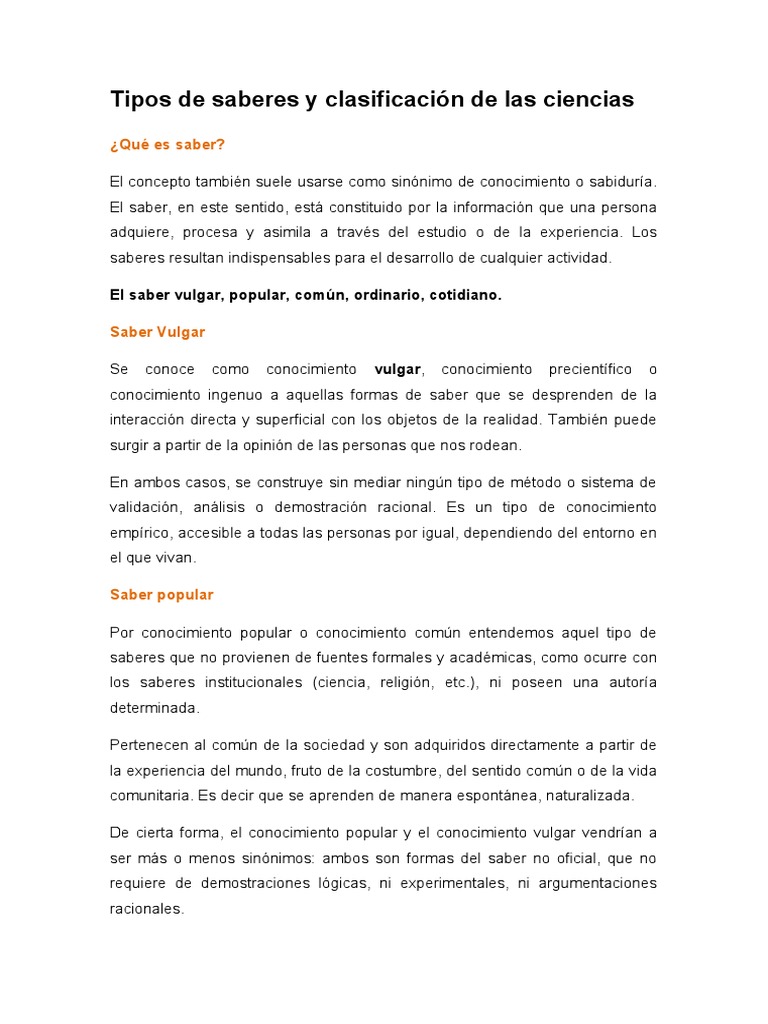 Tipos de Saberes y Clasificación de Las Ciencias | PDF | Conocimiento ... Tipos de Saberes y Clasificación de Las Ciencias | PDF | Conocimiento ...