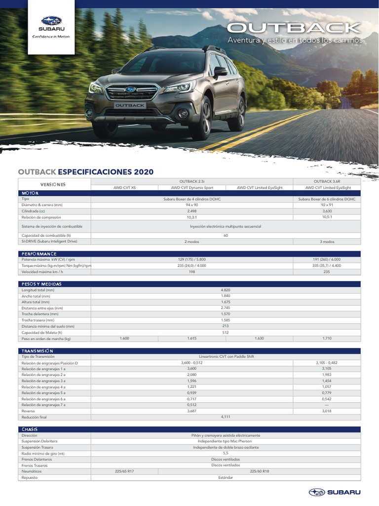 Especificaciones Subaru Outback 2020 | PDF | Tracción en las cuatro ...
