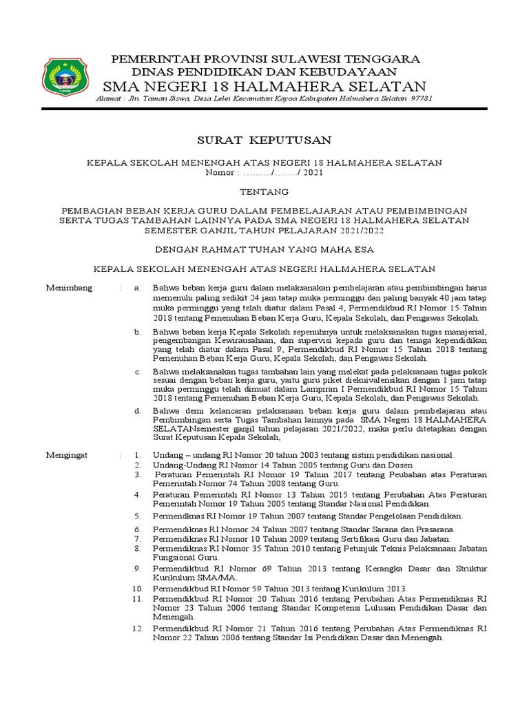 SK Pembagian Tugas Guru 2021 | PDF