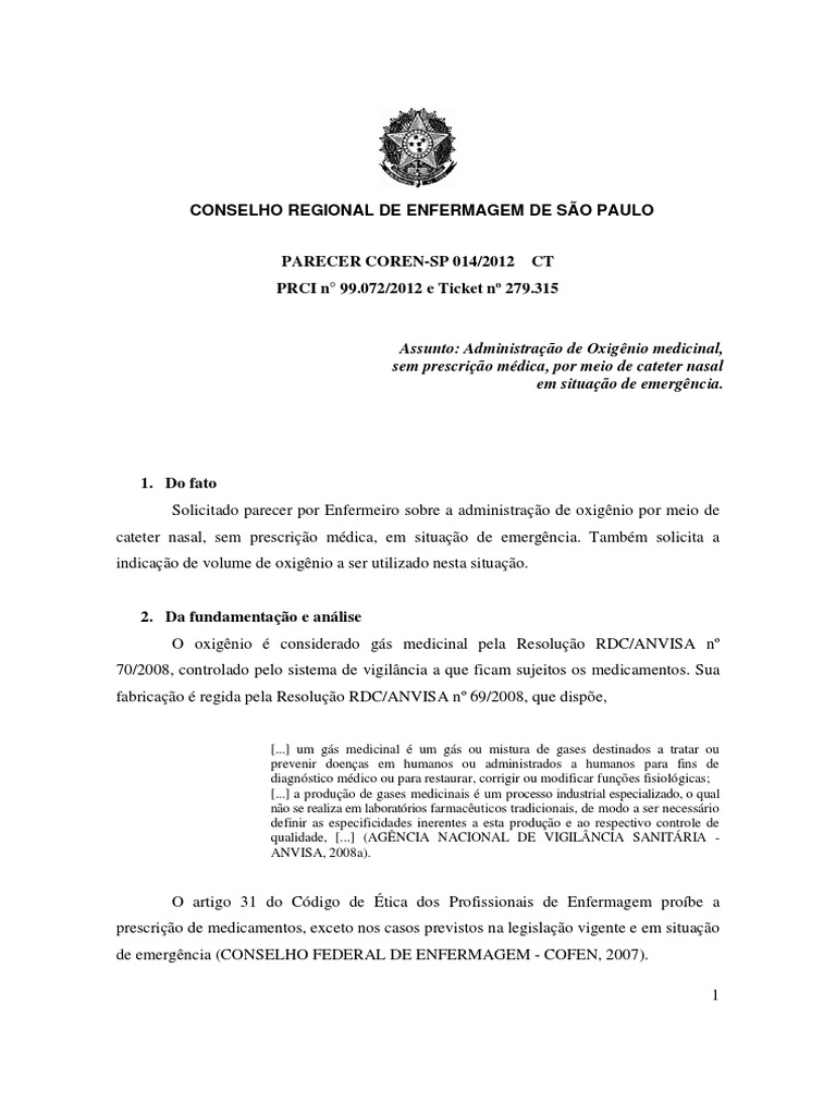 Parecer Coren SP 2012 14 | PDF | Enfermagem | Receita médica