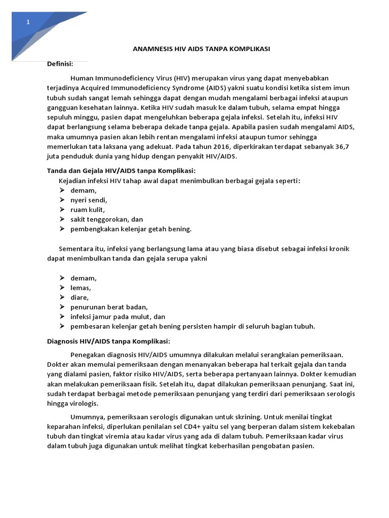 Anamnesis Hiv Aids Tanpa Komplikasi | PDF