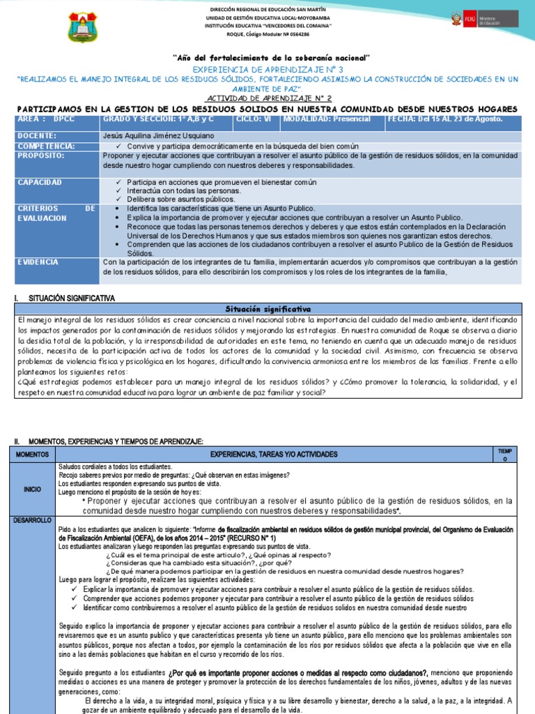 ACTIVIDAD DE APRENDIZAJE #2 - EXP. APREND. #3 - DPCC 1° A, B y C | PDF | Residuos | Gestión de ...
