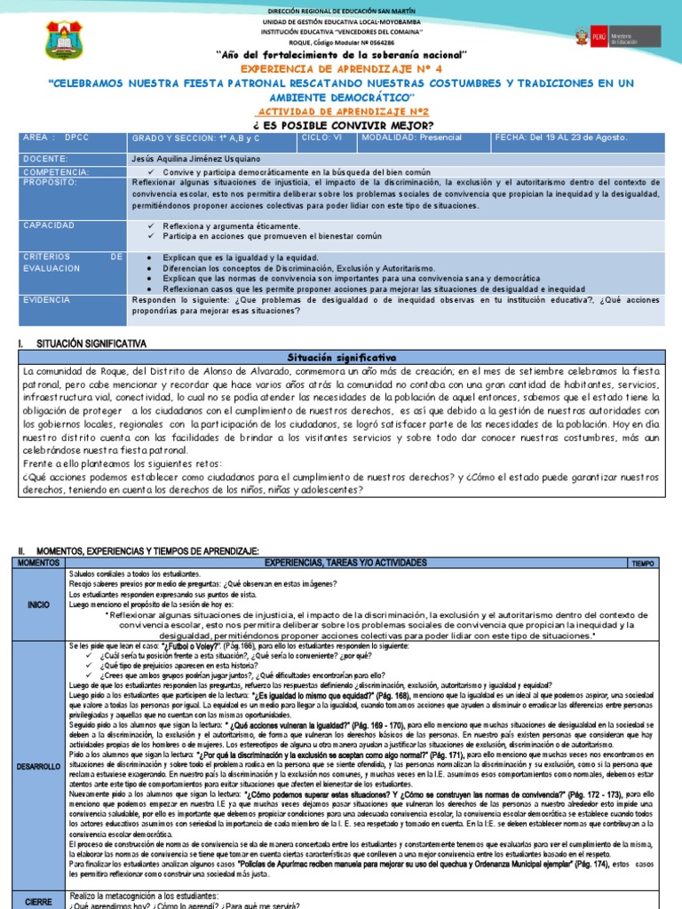 ACTIVIDAD DE APRENDIZAJE N° 2 - EXP. APREND. N° 4 - DPCC 1° A, B y C | PDF | Discriminación ...