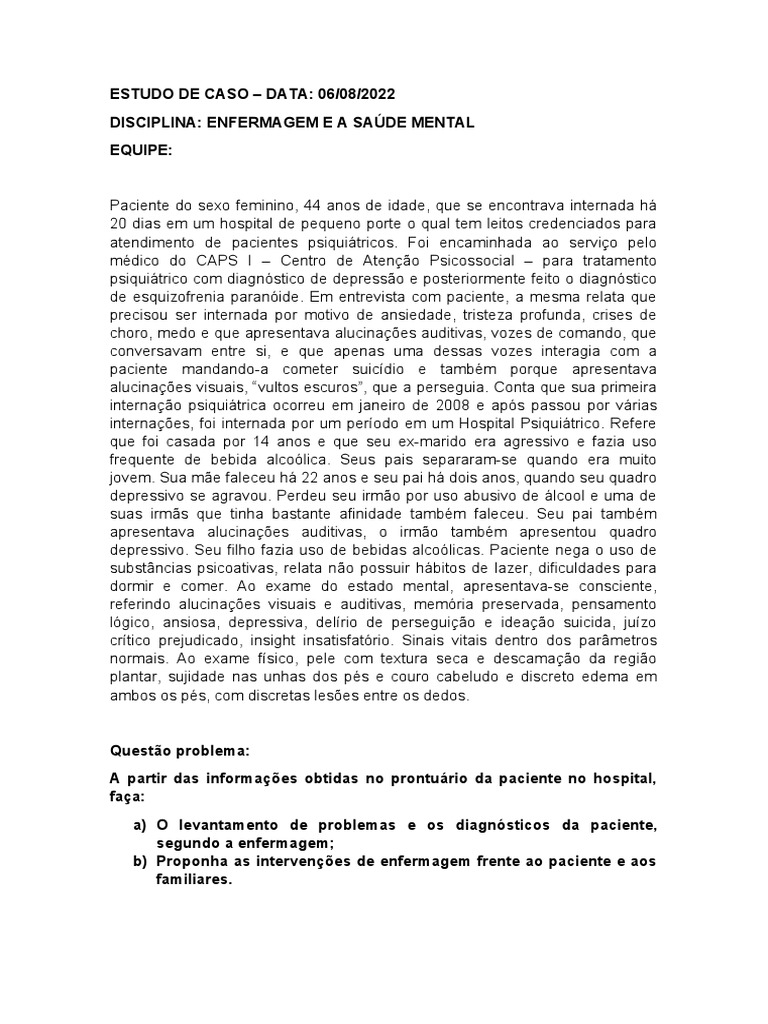 Estudo de Caso Enfermagem | PDF | Psiquiatria | Enfermagem Estudo de Caso Enfermagem | PDF | Psiquiatria | Enfermagem