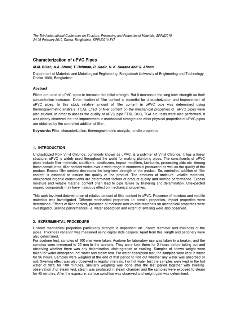 Characterization of UPVC Pipes | PDF | Polyvinyl Chloride ...