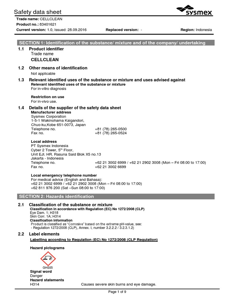SDS Sysmex Hematology CELLCLEAN - 83401621 - v1.0 - ID-1 | PDF ...