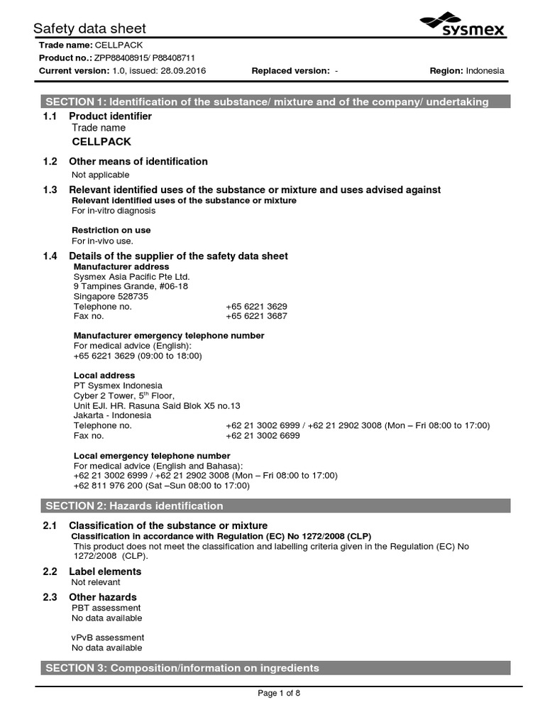 SDS Sysmex Hematology CELLPACK - ZPP88408915, P88408711 - v1.0 - ID ...