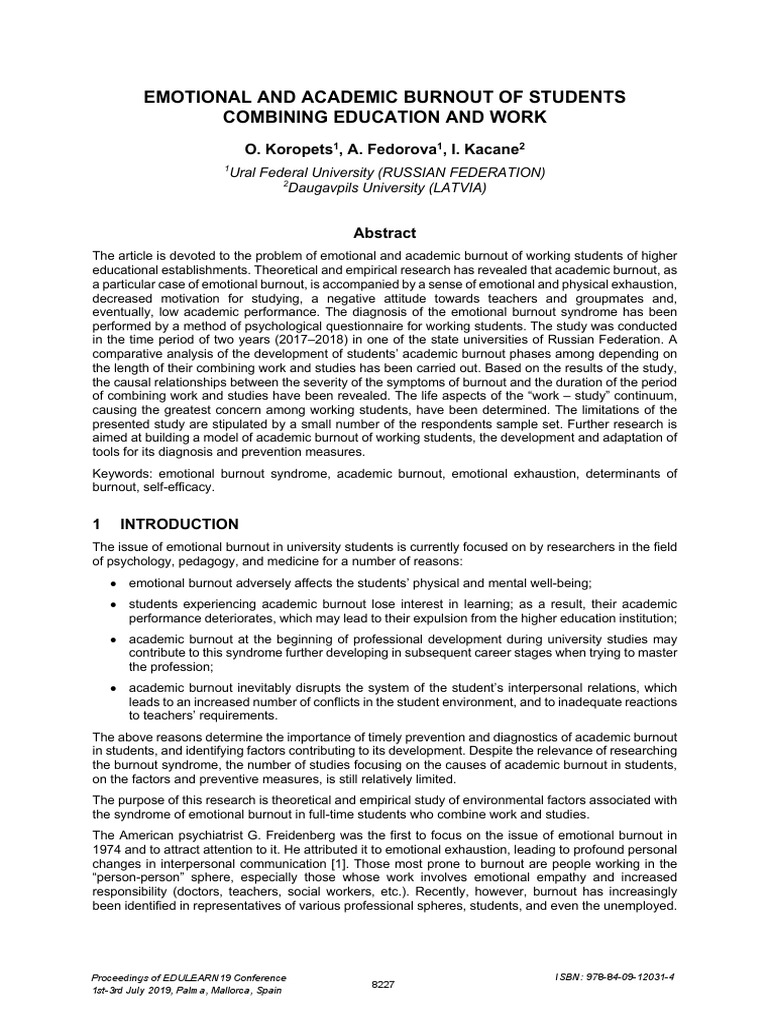 Emotional and Academic Burnout of Students Combining Education and Work ...