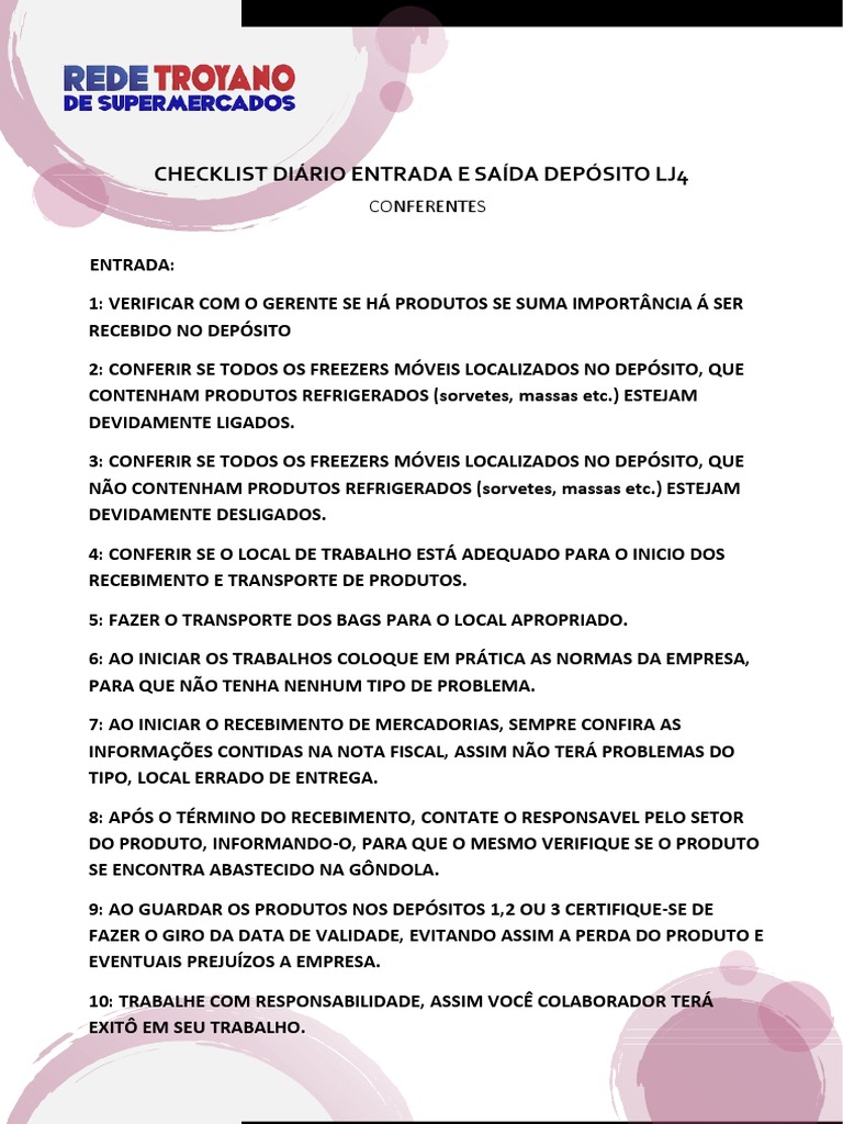 Checklist Diário Entrada e Saída Depósito Lj4 | PDF
