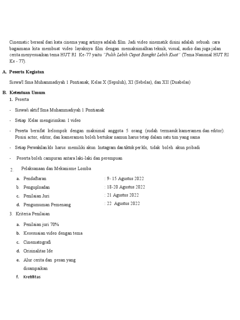 JUKDIS Lomba Cinematic Hut RI Sma Muhammadiyah 1 Pontianak Okok | PDF