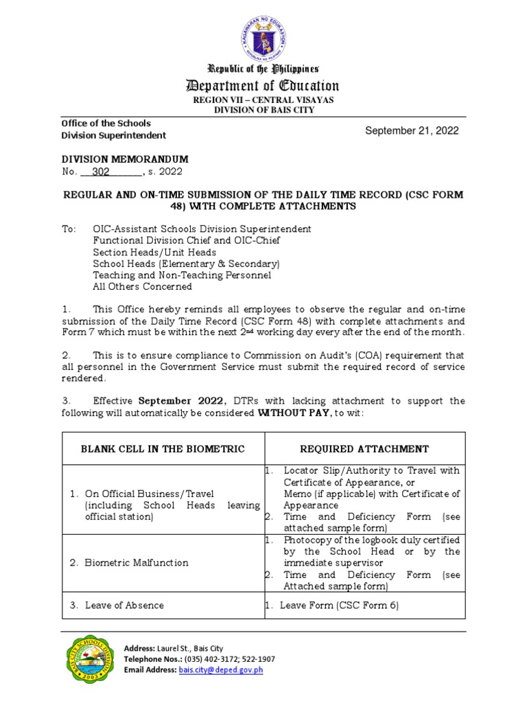 DM No. 302 S. 2022 Regular and On Time Submissin of The Daily Time ...