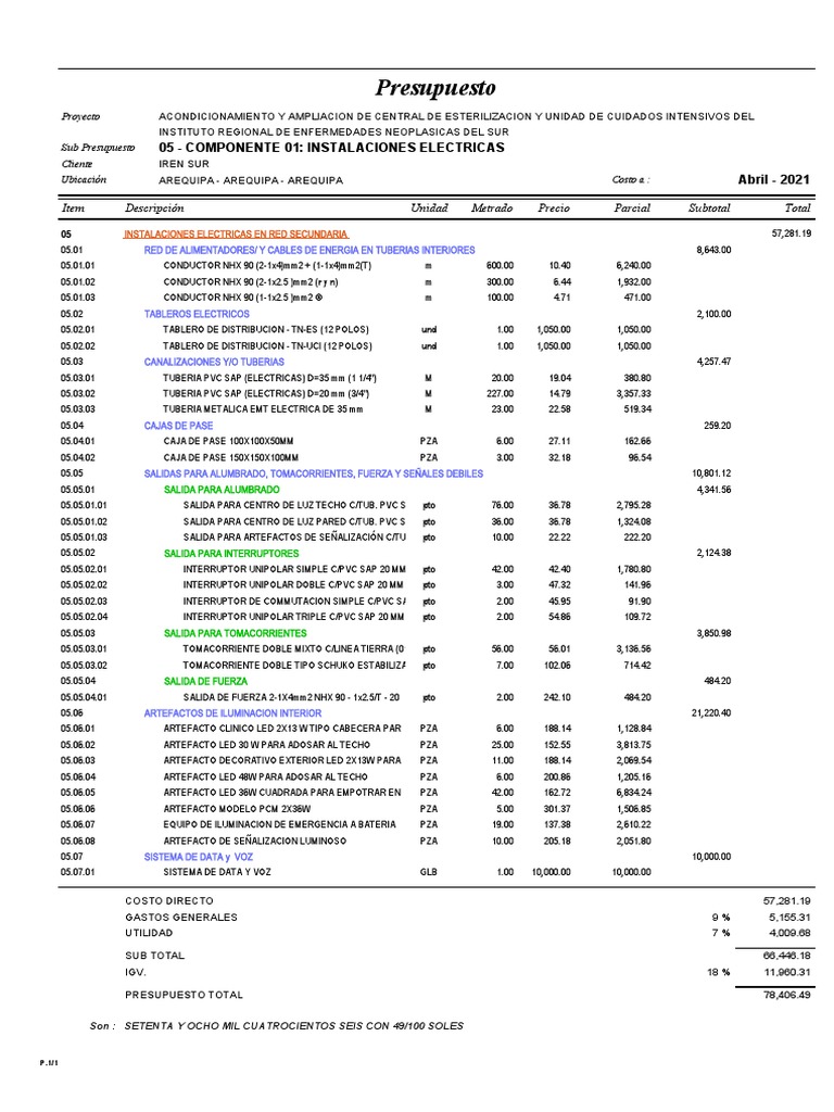 03.05 Presupuesto Componente 01 Instalaciones Electricas | PDF | Ingenieria Eléctrica