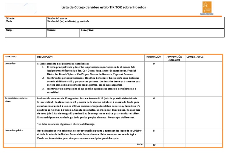Lista de Cotejo para Video Tipo TIK TOK de Filósofos Otoño 2022 | PDF