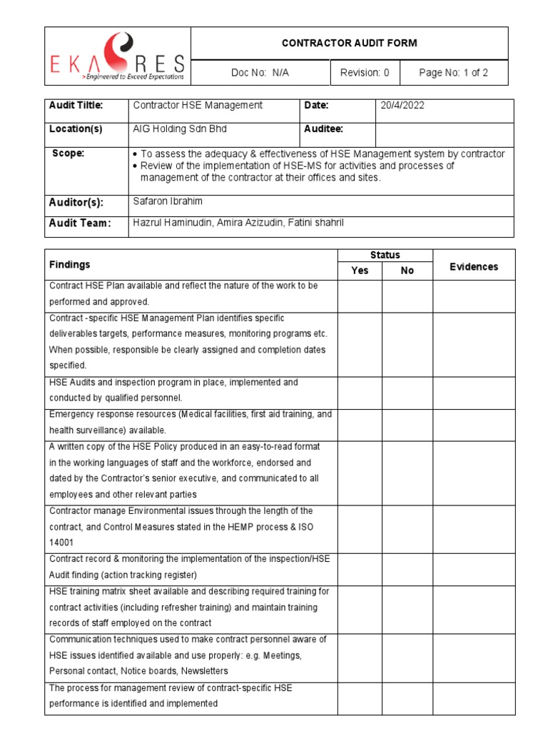 Contractor Audit Form | PDF | Employment | Audit