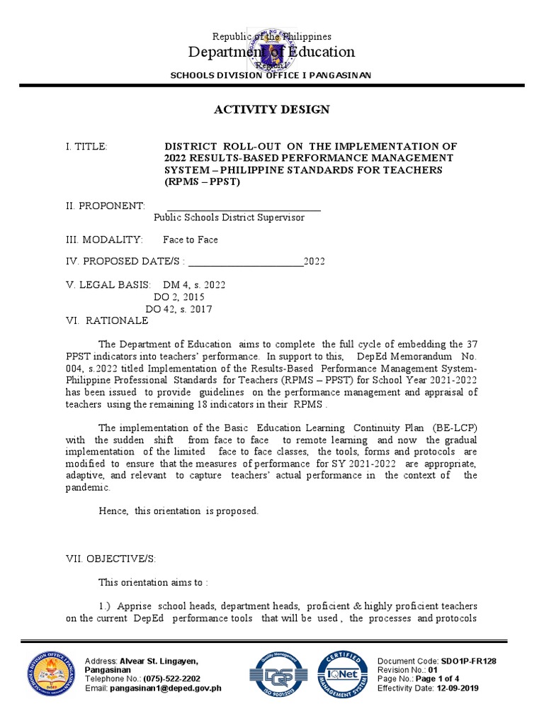 Activity Design District Roll Out 2022 PPST Orientation | PDF